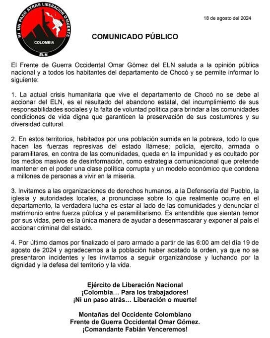 Atención: ELN anuncia levantamiento de paro armado en el Chocó